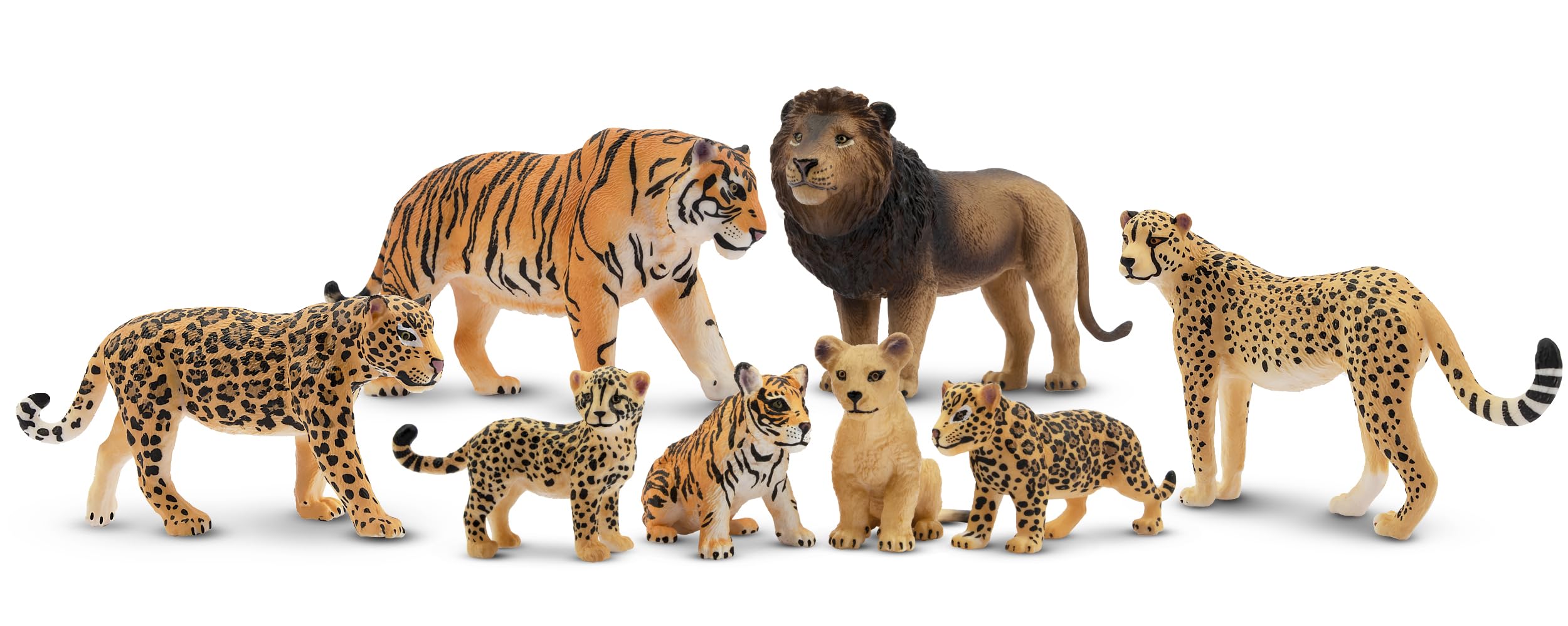 Toymany 8PCS 2-5" Plastic Jungle Animals Figures Playset Includes Baby Animals, Realistic Lion, Tiger, Cheetah, Leopard Figurines with Cubs, Cake Toppers Christmas Birthday Toy Gift for Kids Toddlers