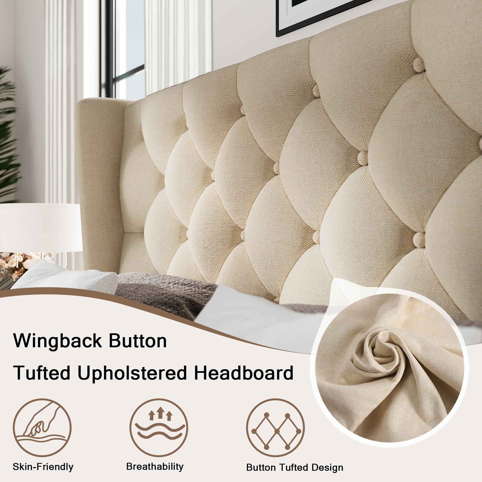 Einhomn Upholstered Queen Bed Frame with Wingback Headboard, Heavy Duty Bed Frame Queen Size, 8" Under Bed Storage, No Box Spring Needed, Easy Assembly, Beige