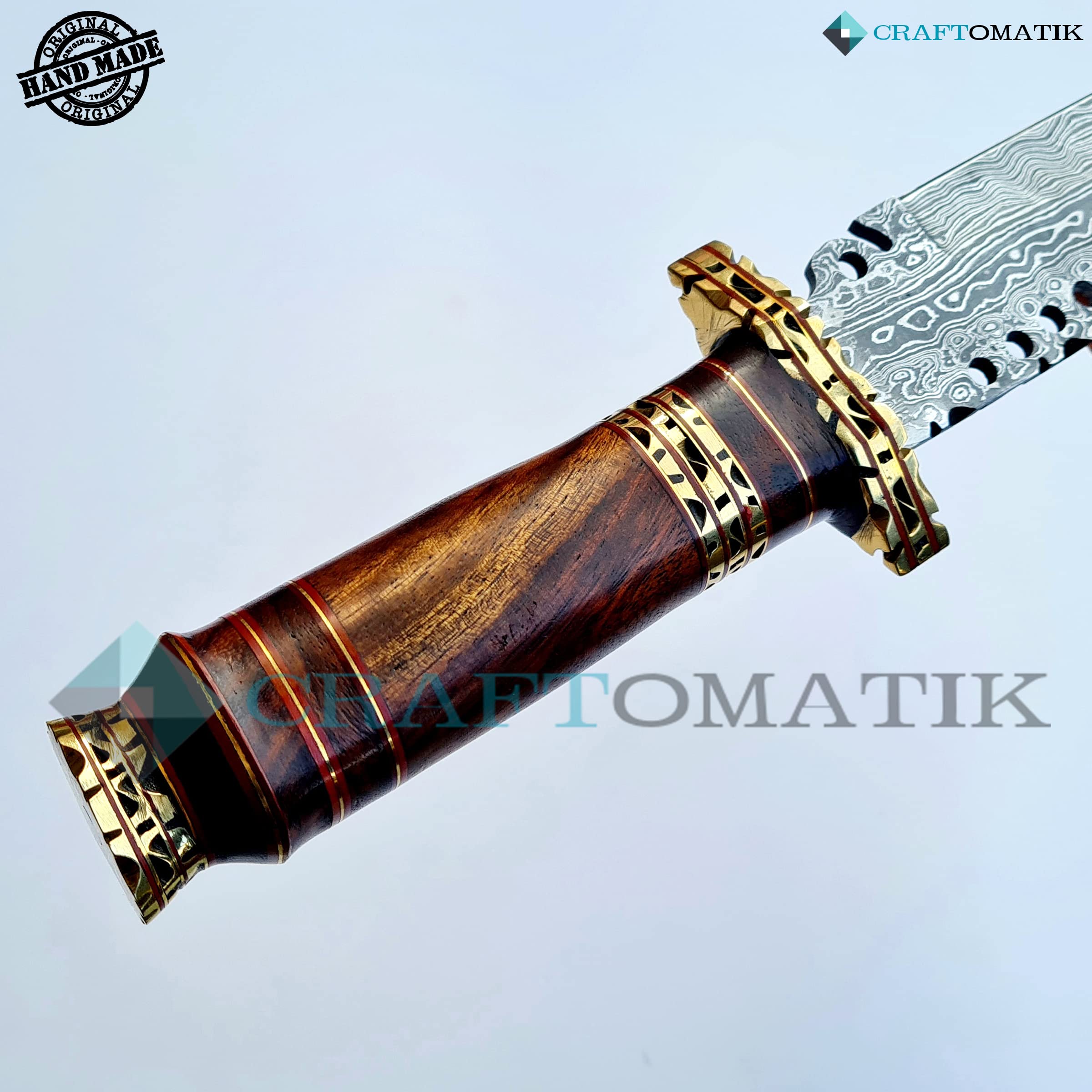 CRAFTOMATIK Hunting Knife Elite | Damascus Steel Walnut Wood and Brass Bowie DHK91, brown, 40 cm