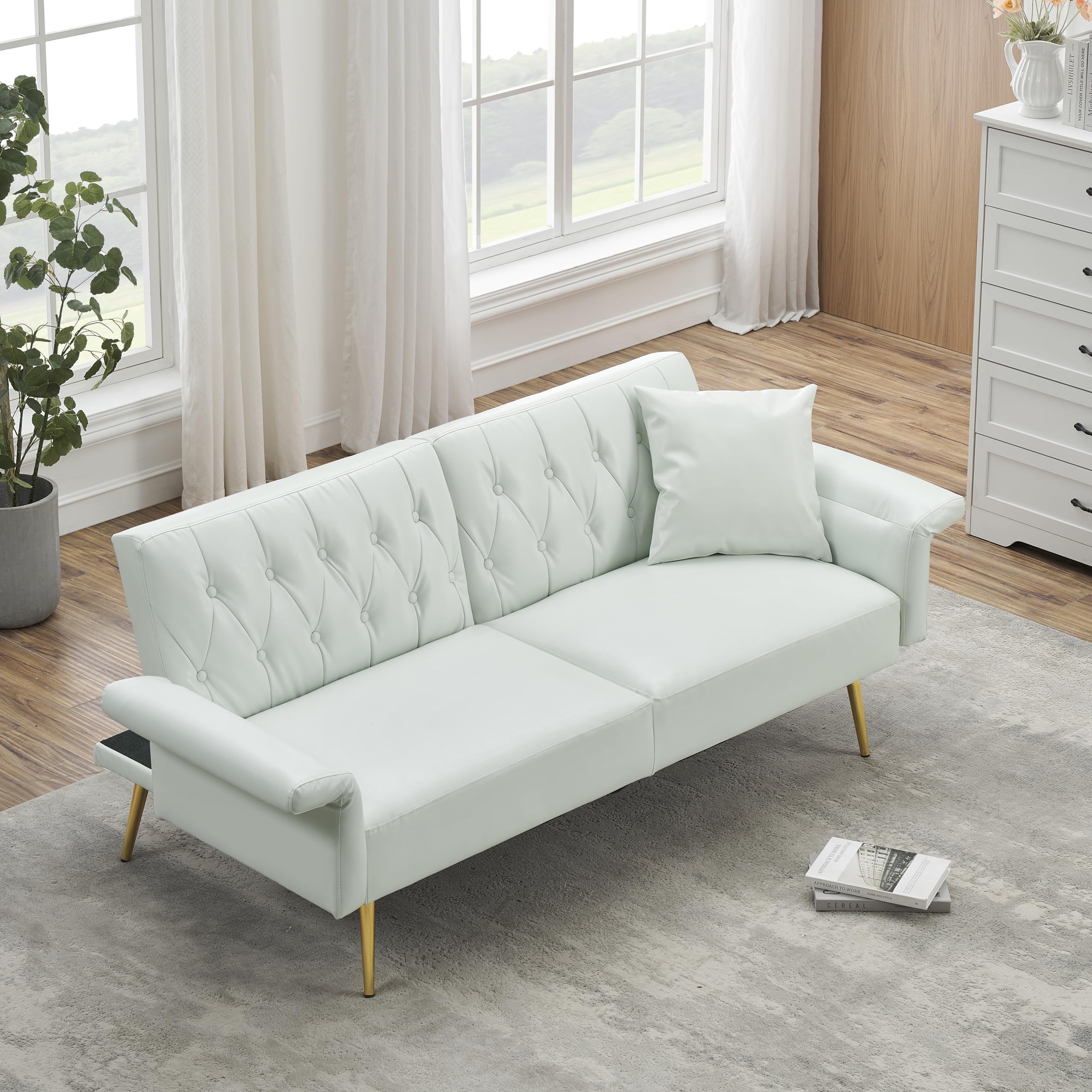 Elevon Futon Couch, Convertible Futon Sofa Bed, Faux Leather Folding Recliner Sleeper, Modern Lounge Sofa with Adjustable Armrests and Pillow for Living Room, Small Space, Office, Apartment, White