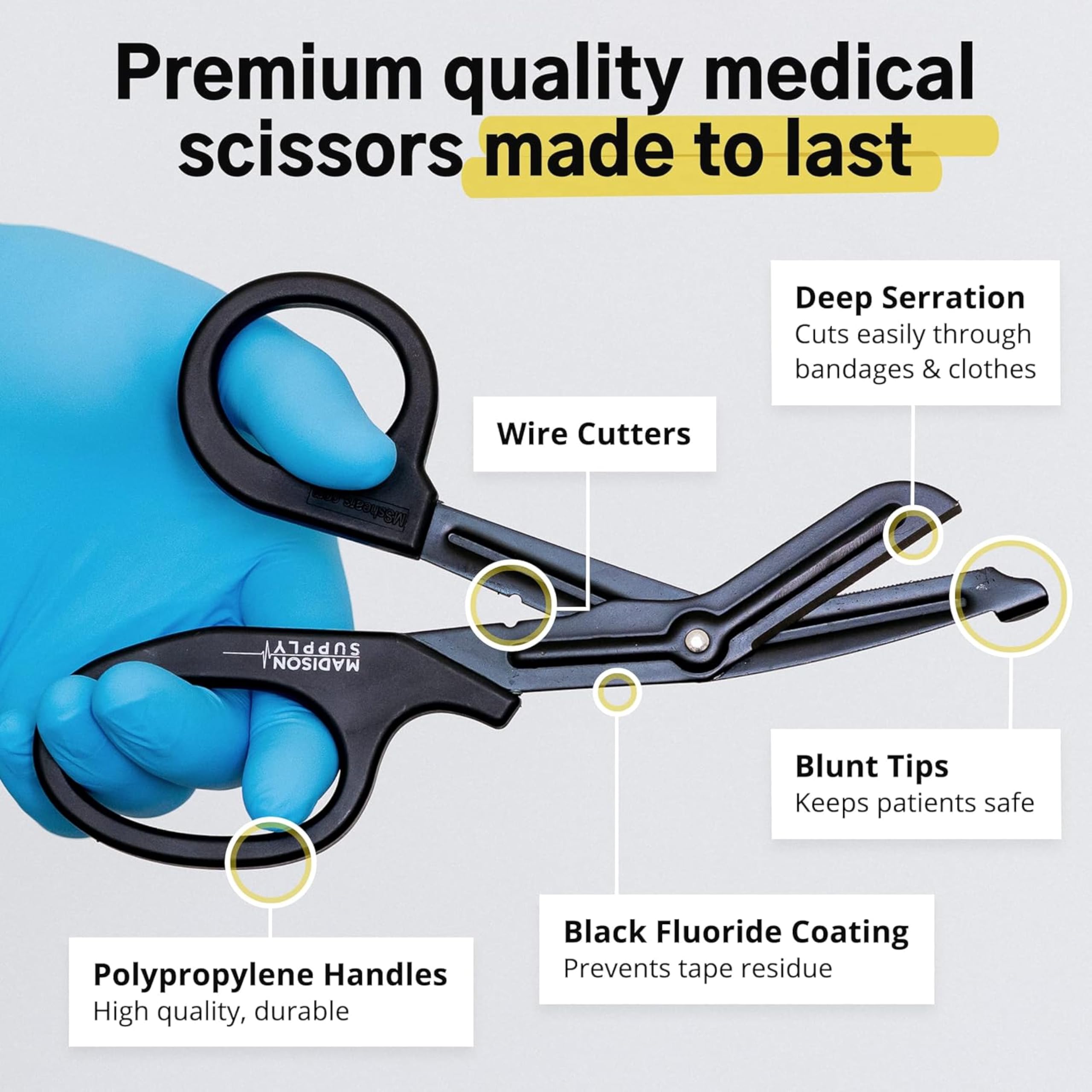Madison 7.5" Premium Stainless Steel Nurse Scissors with Non-Stick Blades, Fluoride-Coated - 1pk, Black