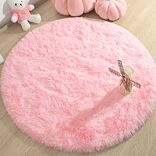 KIXINWA Pink Round Rug for Girls Bedroom, Fluffy Circle Rug 4'X4' for Kids Room Decor, Soft Non Slip Rug for Nursery Baby Room, Plush Shaggy Circular Carpet for Living Room, Fuzzy Cute Rug for Dorm