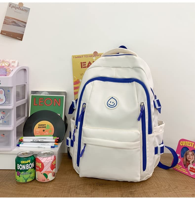 KFTHKOR Kawaii Backpack,Girl Backpack With,Junior Backpack,Middle School Student Schoolbag (White Blue)