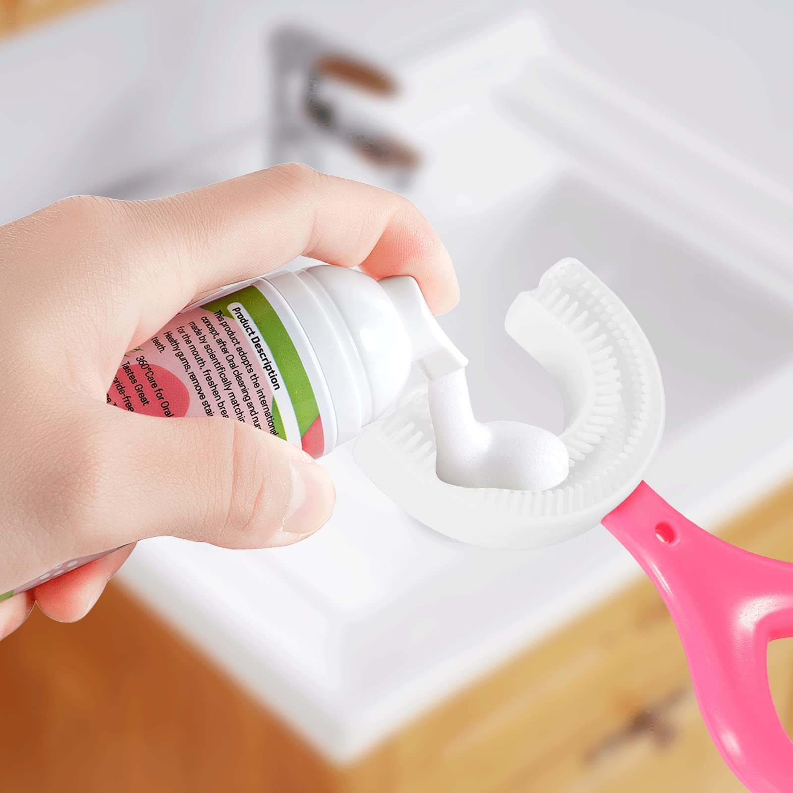 Foam Toothpaste Kids with Low Fluoride & U-Shaped Toothbrush Combo Pack,Manual Toothbrush with Food Grade Soft Silicone Head,360° Oral Teeth Clean Design Ages 2-6,Strawberry Flavor