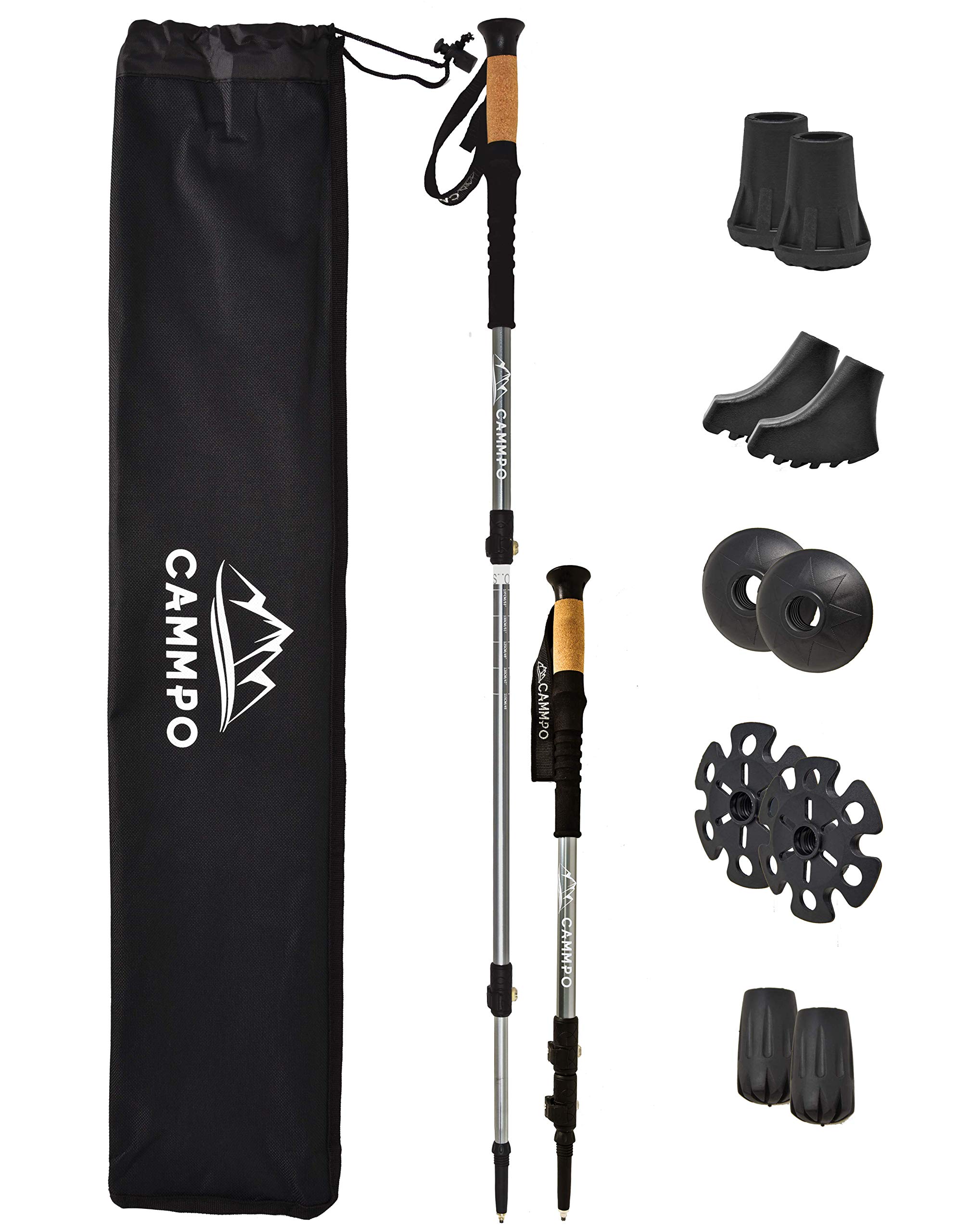 CAMMPO Trekking Poles Collapsible - Hiking Poles - Lightweight Aluminum 7075 - Walking Sticks (2-pc) w/Tungsten Tip, Flip-Lock System & Cork Grip