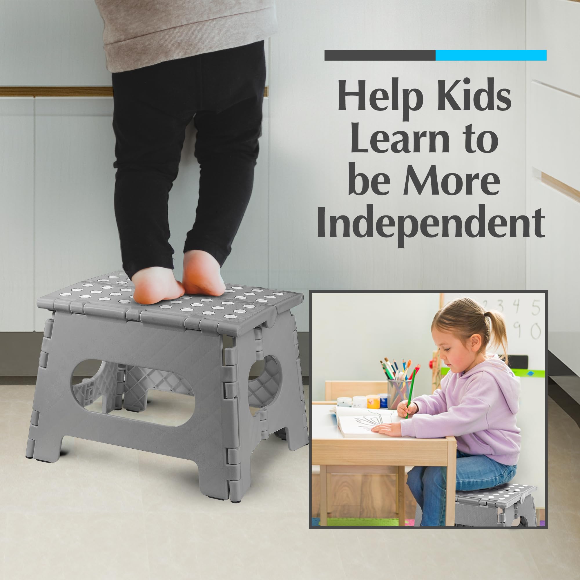 Handy Laundry Folding Step Stool - The Lightweight Step Stool is Sturdy Enough to Support Adults and Safe Enough for Kids. Opens Easy with One Flip. Great for Kitchen, Bathroom or Bedroom. (Grey)