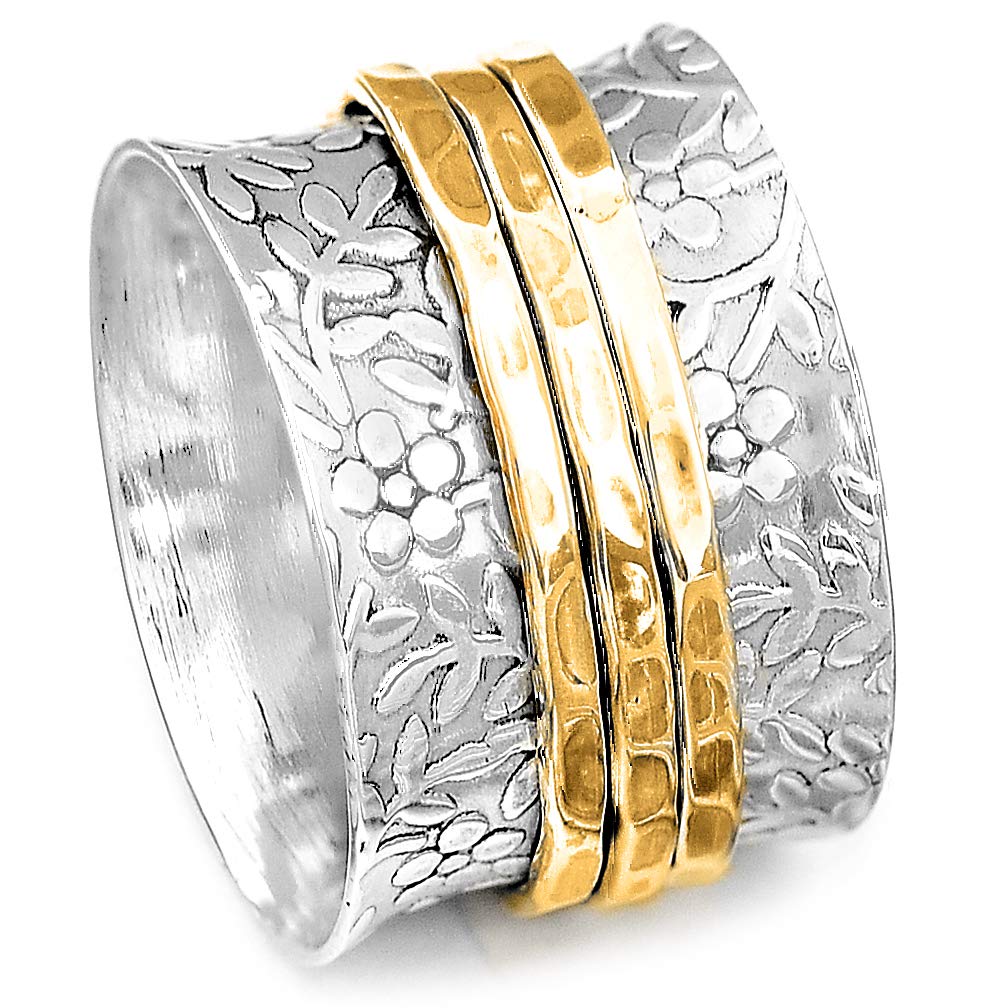 Boho-Magic 925 Sterling Silver Spinner Flowers Ring for Women with 3 Brass Fidget Rings Wide Band (9)