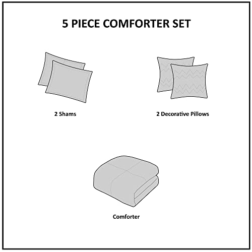Madison Park Essentials Kasey Cozy Comforter Set - Fretwork Design, All Season Bedding with Matching Shams, Decorative Pillow, Queen (90in x 90 in), Diamond Grey Comforter 5 Piece