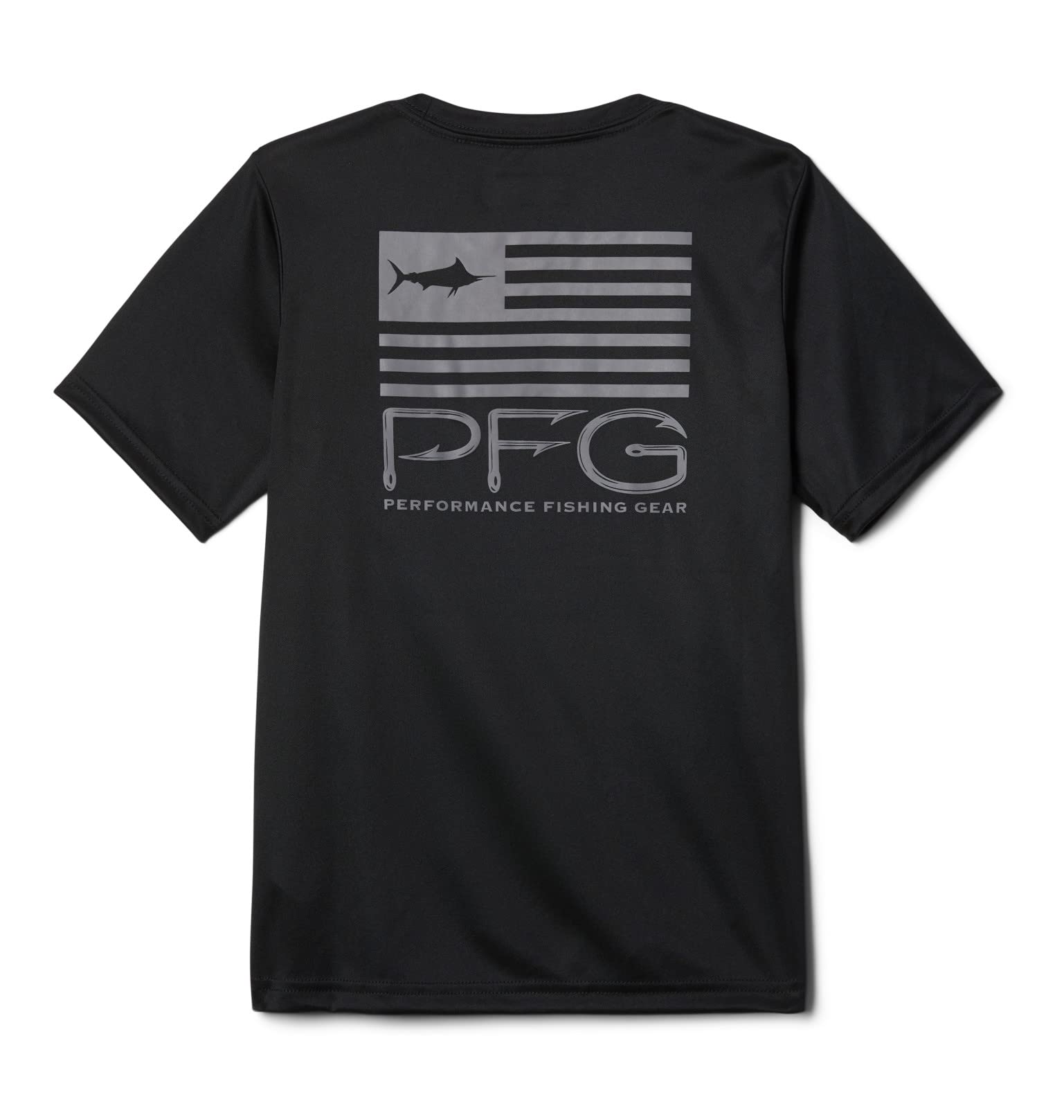 Columbia Boys' Big Terminal Tackle PFG Flag Short Sleeve, Black/Fish Star Marlin Graphic, Large