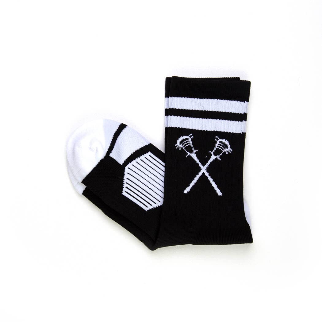 ChalkTalkSPORTS Lacrosse Woven Mid-Calf Socks | Retro Crossed Sticks | Black & White