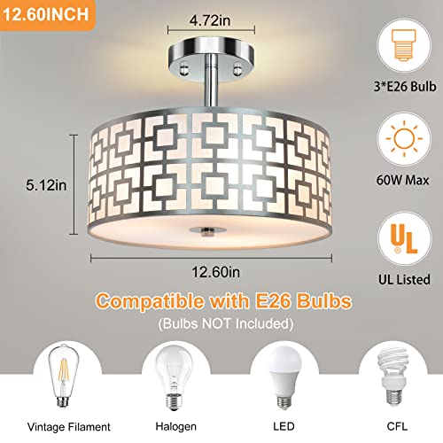 DLLT Semi Flush Mount Ceiling Light, 3-Light Modern Entry Light Fixture Ceiling Hanging with Drum Shade for Bedroom, Dining Room, Kitchen, Hallway, Entry, Living Room, Brushed Chrome Finish