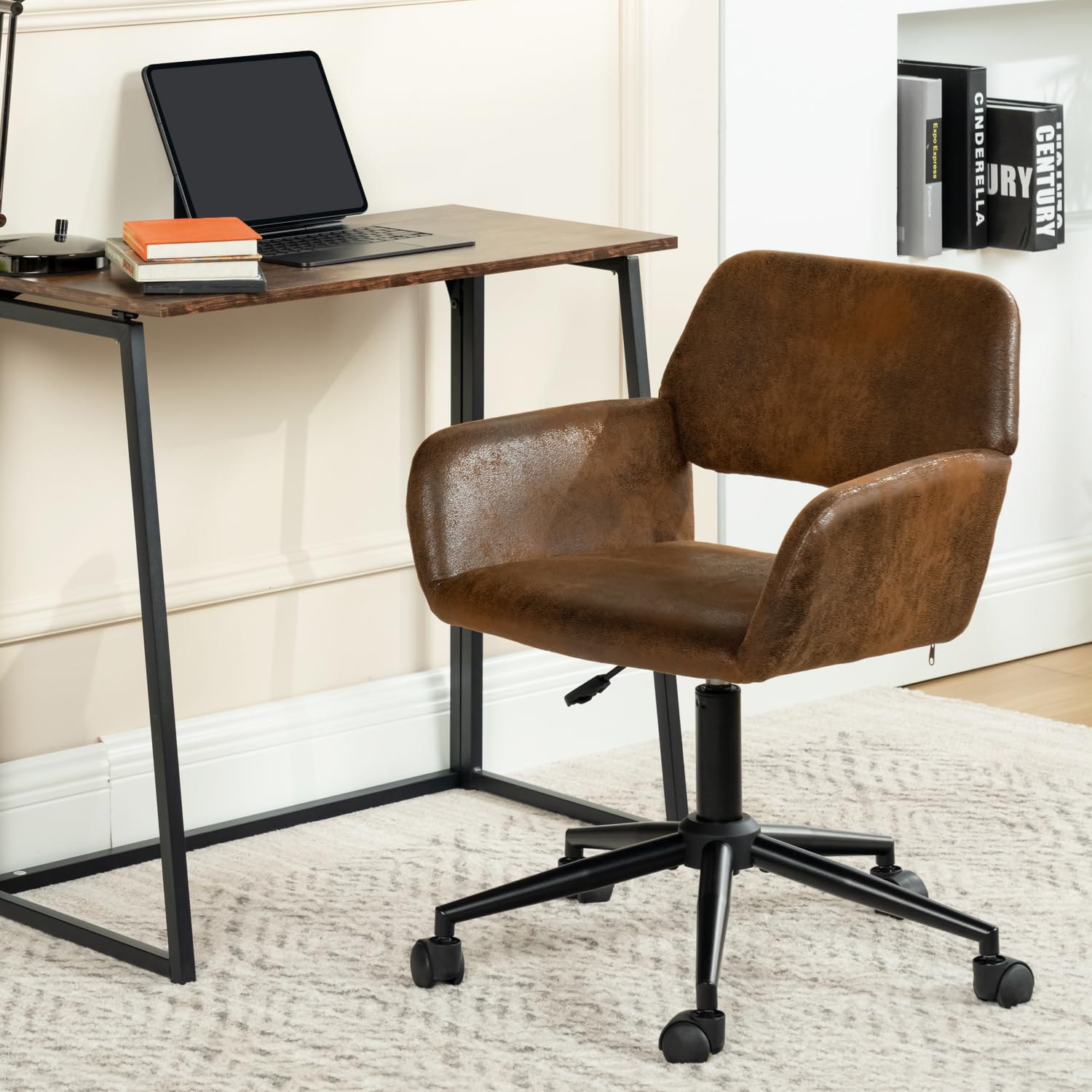 FurnitureR Office Chair, Upholstered Suede Mid Back Swivel Computer Desk Chair with Rolling Wheels, Adjustable Task Chair for Home, Bedroom, Make-up, Studying, Small Spaces - Brown