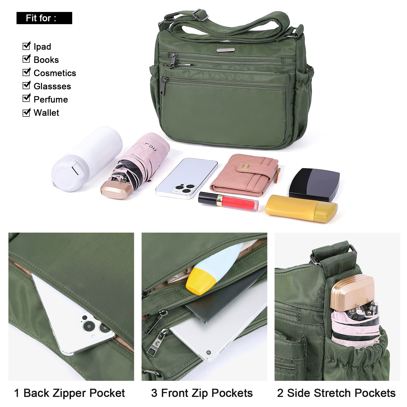CLUCI Nylon Crossbody Purses for Women Waterproof Shoulder Multiple Pockets Bag Travel Handbag Green