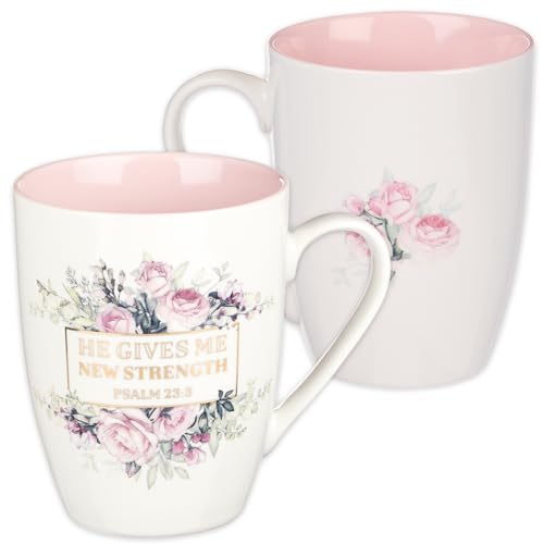 Christian Art Gifts Ceramic Coffee Mug 12 oz Inspirational Coffee Cup for Women – Women He Gives Me New Strength: Psalm 23:3 – Lead and Cadmium-Free Drinkware, White and Pink Floral Mug