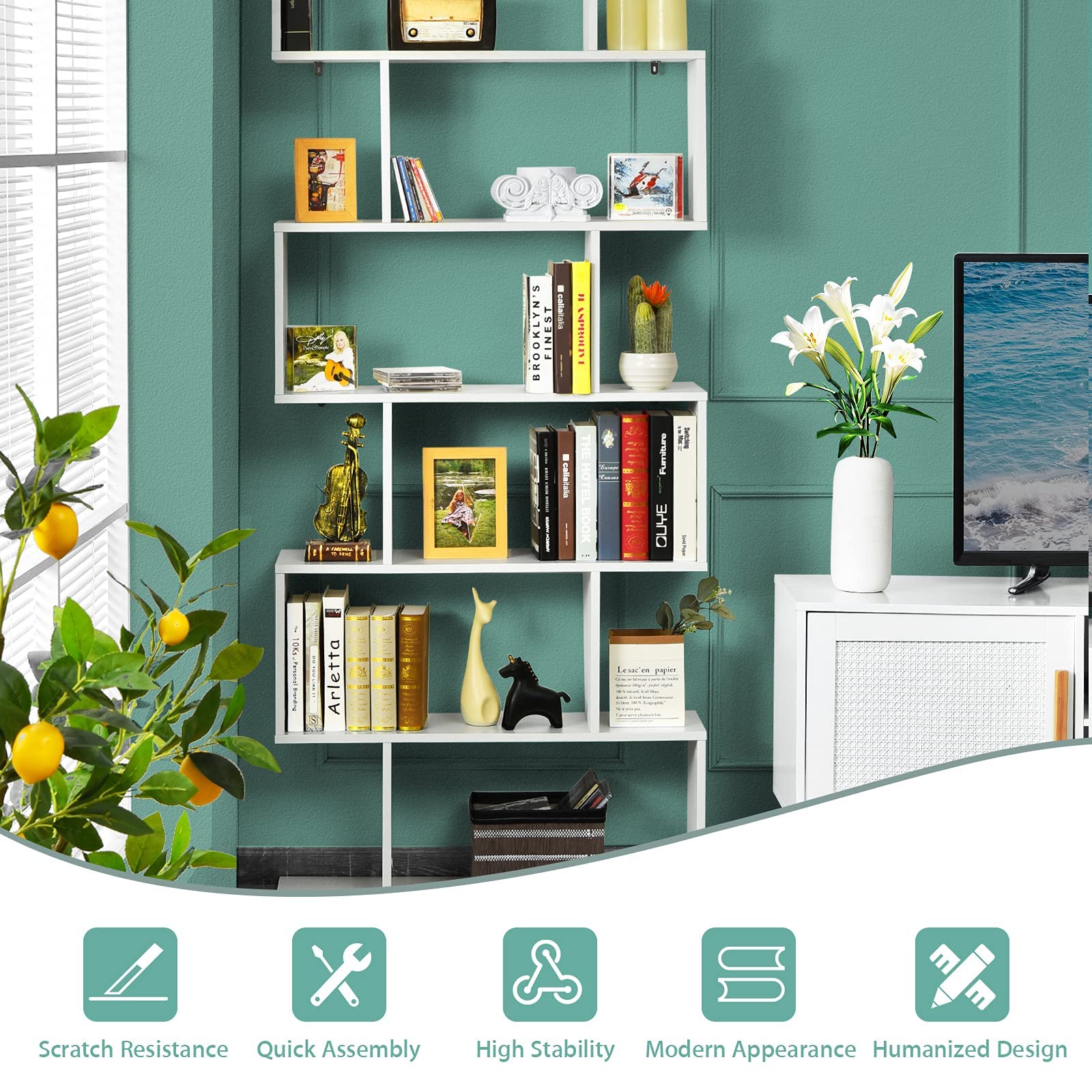 IFANNY 6 Tier S Shaped Bookshelf, Wooden Open Bookcase w/Anti-Tipping Device, Display Shelf Storage Organizer for Home, Office, Living Room, 31.5 x 9 x 75 inch