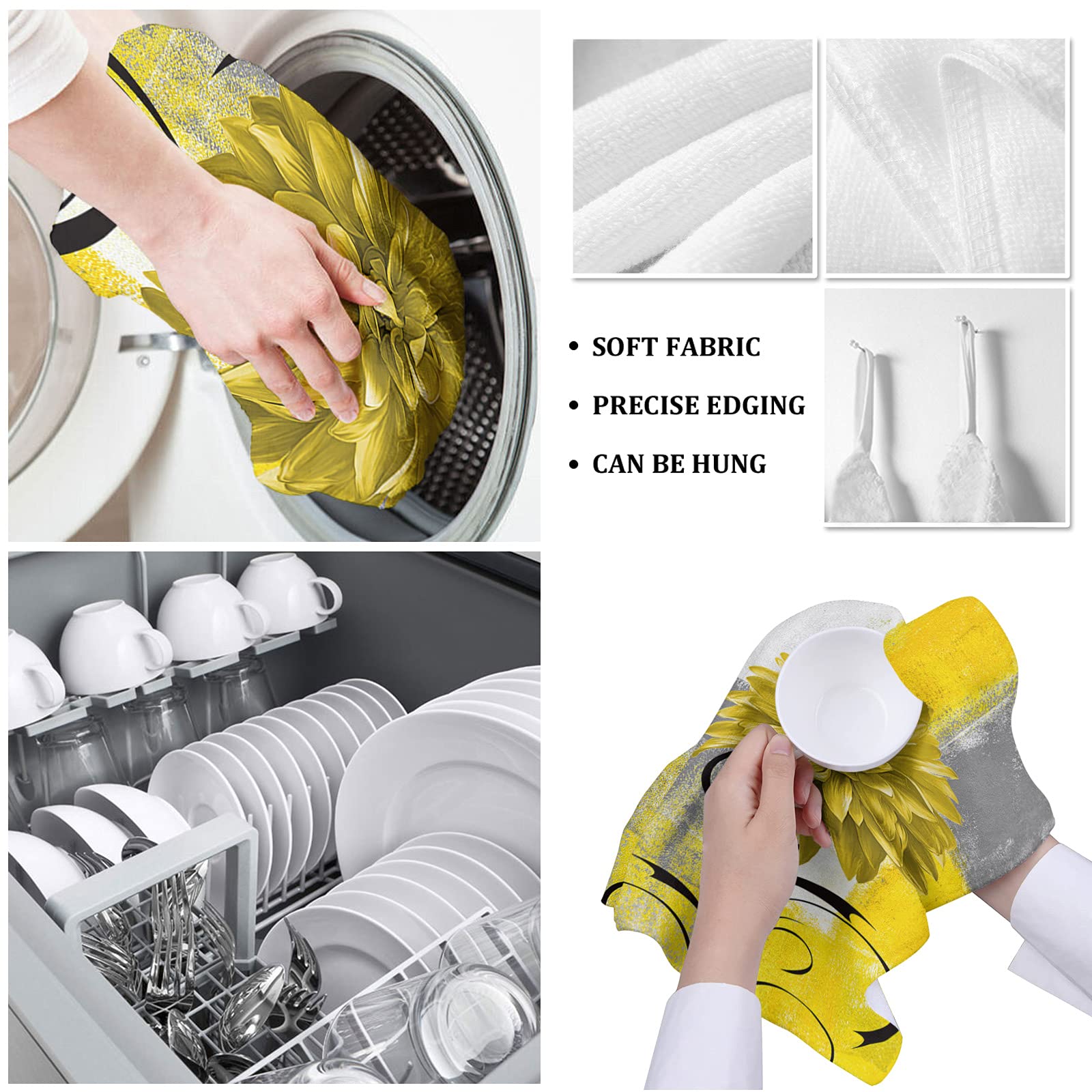 Chic Decor Home Kitchen Towels Yellow Dahlia Flowers Tea Towel Microfiber Absorbent Washable Floral Abstract Gray White Hand Dish Cleaning Cloth for Kitchen Bathroom, 18 x 28 Inch, Dahlia4050, 2-PACK
