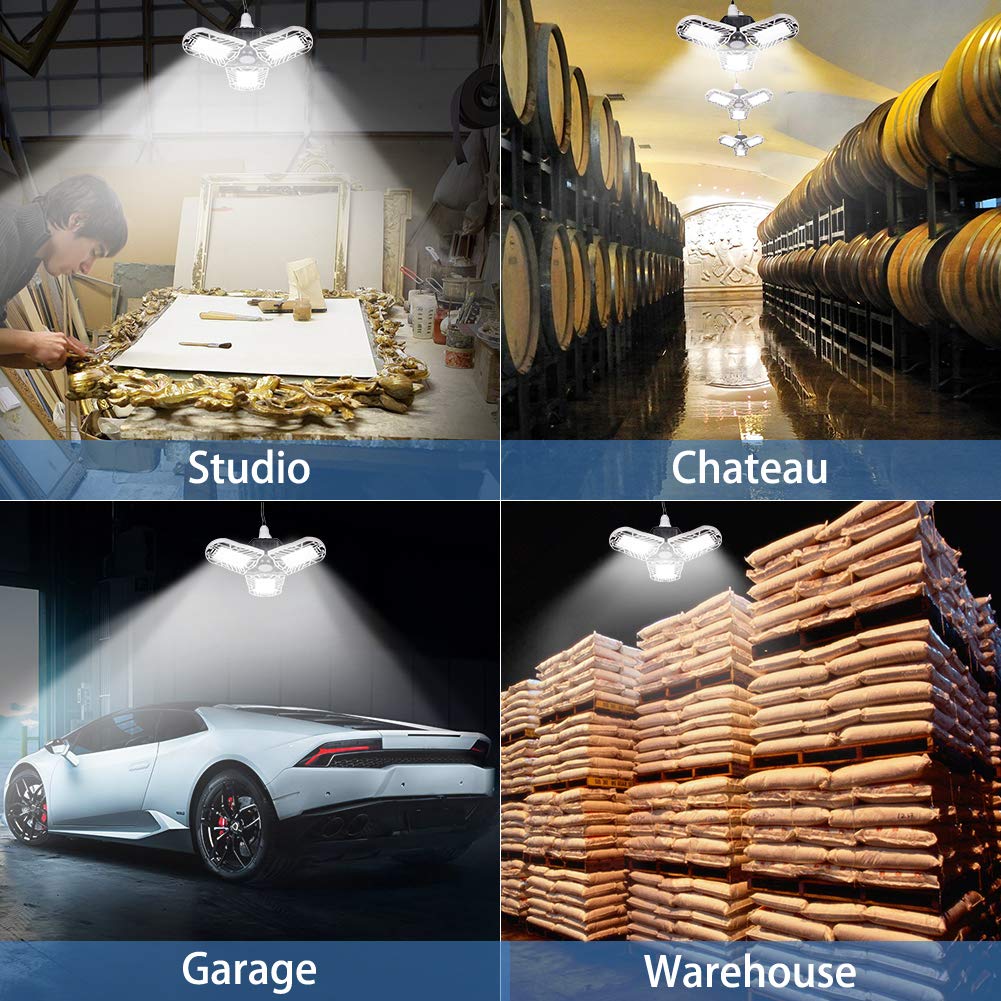 CKEGUO LED Garage Lights, 60W Garage Lighting Deformable Garage Ceiling Light Fixture 6000Lm 6500K Shop Light with 3 Adjustable Panels for Workshop Basement for Garage, Working Light, Stadium