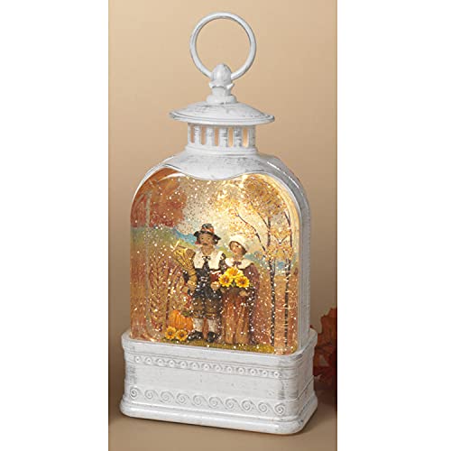 One Holiday Way 11-Inch Vintage Lighted White Water Lantern Snow Globe with Thanksgiving Pilgrims Woodland Harvest Scene - Autumn Tabletop Fall Decoration - Rustic Country Farmhouse Home Decor