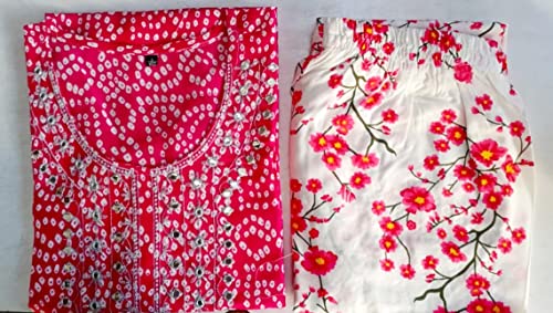 Paru Fabrics Women's Cotton Printed Straight Embroidery Kurti with Pant (L) Pink