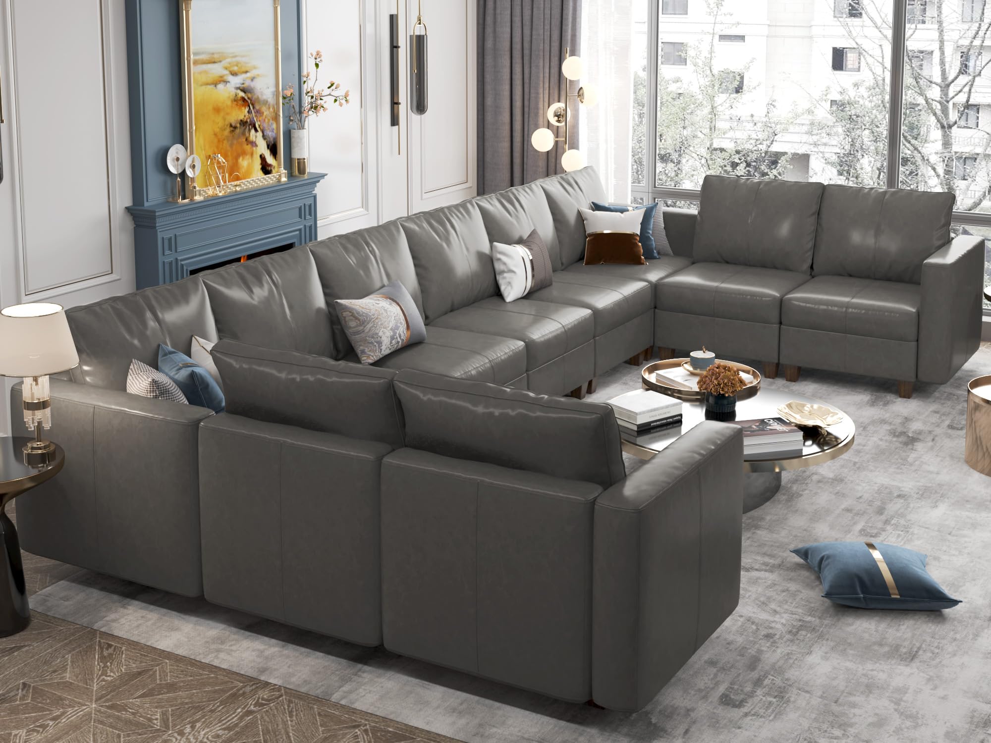EASE MOOSE Large Sectional Sofa U Shaped Sectional Couch with Storage, Faux Leather Modular Sofa Convertible Sleeper Sofa with Reversible Chaises, Grey