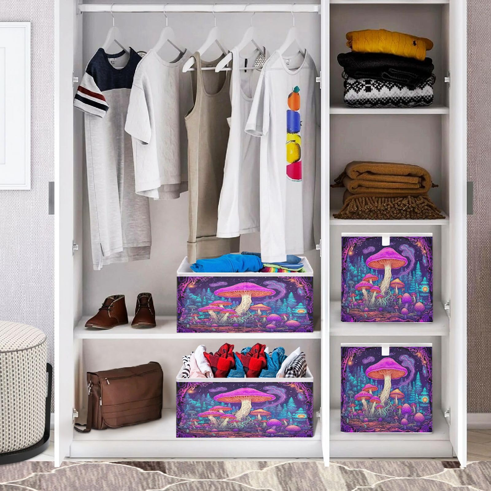 Emelivor Mushrooms Leaves Plants Cartoon Cube Storage Bin Fabric Storage Cubes Collapsible Foldable Storage Baskets Organizer Containers for Shelves Nursery Closer Bedroom Home,11 x 11inch