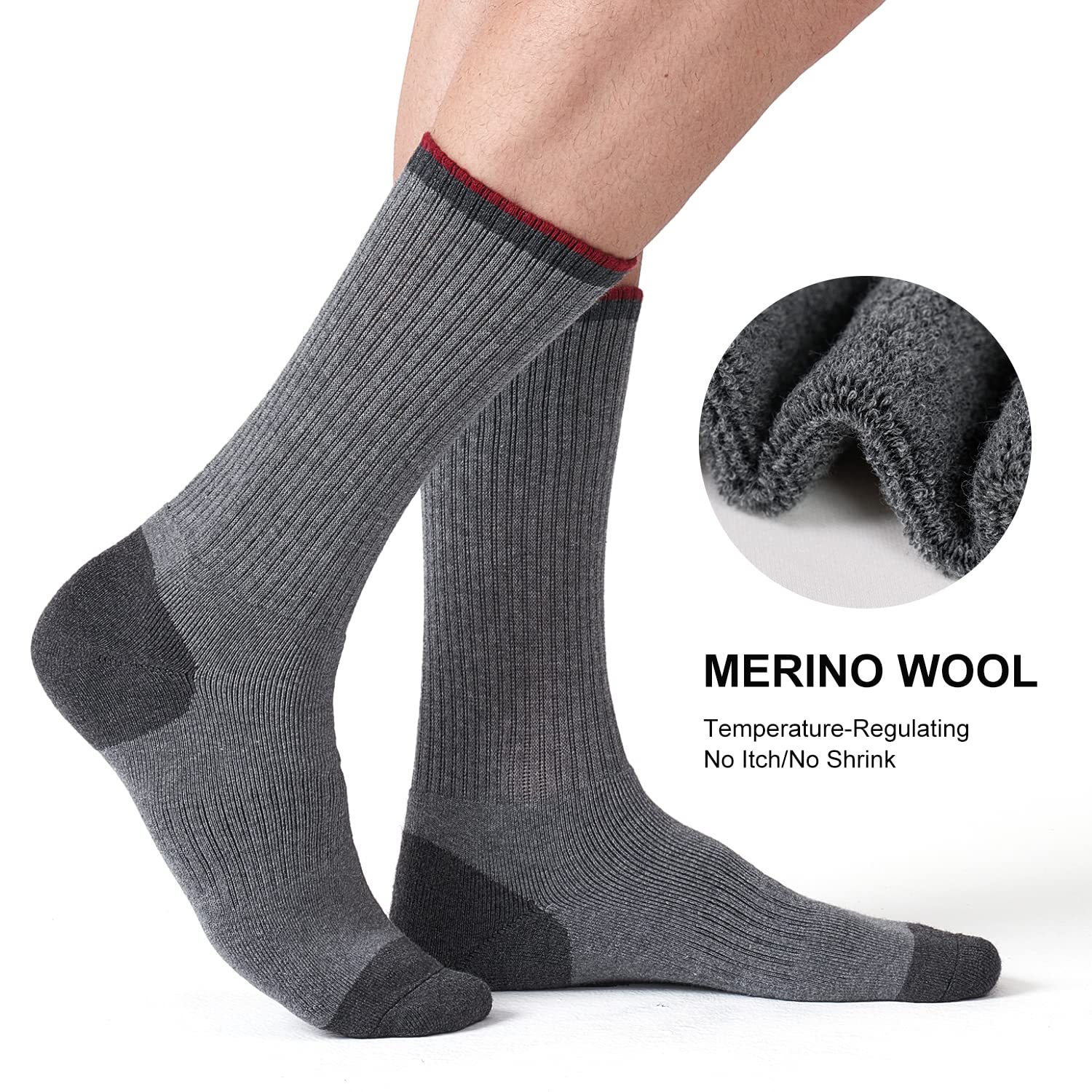 CS CELERSPORT 4 Pack Men's Merino Wool Hiking Socks Crew Socks with Full Cushion Warm Winter Socks Thermal Boot Socks, Black+Dark Grey+Green+Khaki, X-Large