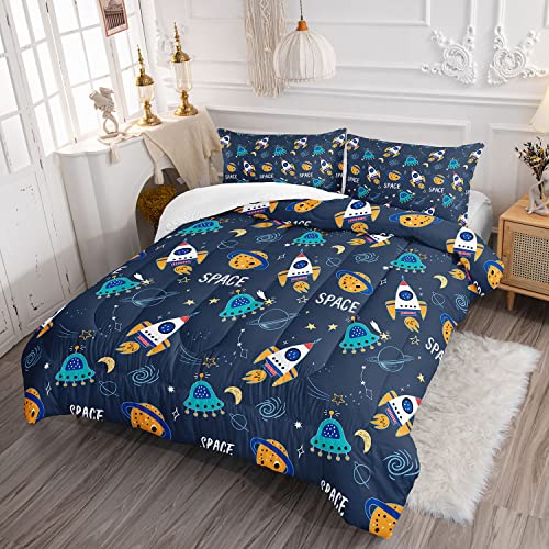 Datura home Kids Space Ship Bedding Comforter Set Galaxy Rocket Printed Pattern Bedding Set with 1 Comforter and 2 Pillowcases for Boys Bedroom All Season(Galaxy Ship Full) Full 80x90''