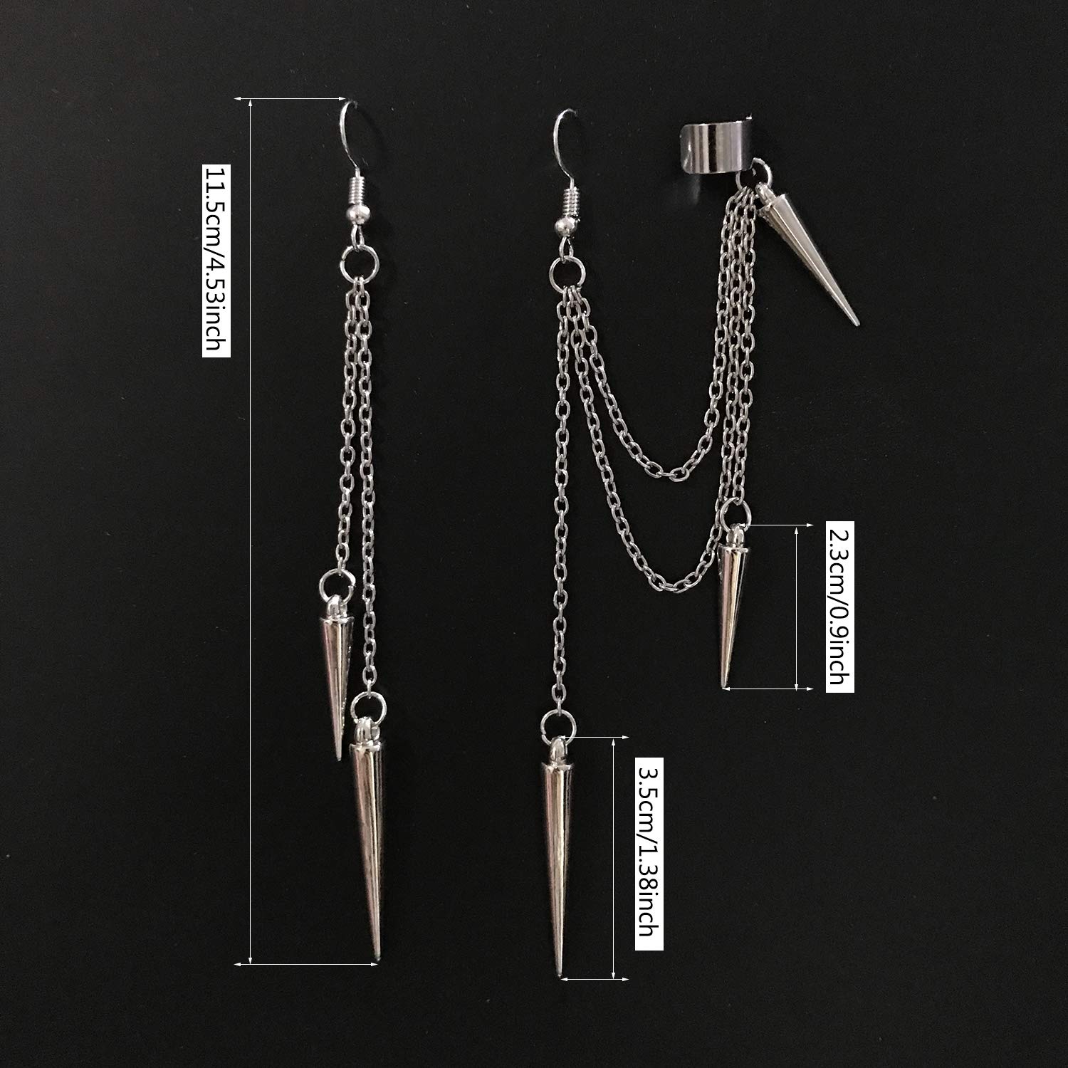 DAMLENG Lightweight Unique Black Punk Long Tassel Chain Ear Cuff Earrings 316L Stainless Steel Vintage Barrel Nails Crawler Climer Dangle Drop Earrings for Men Women Unisex (Silver)