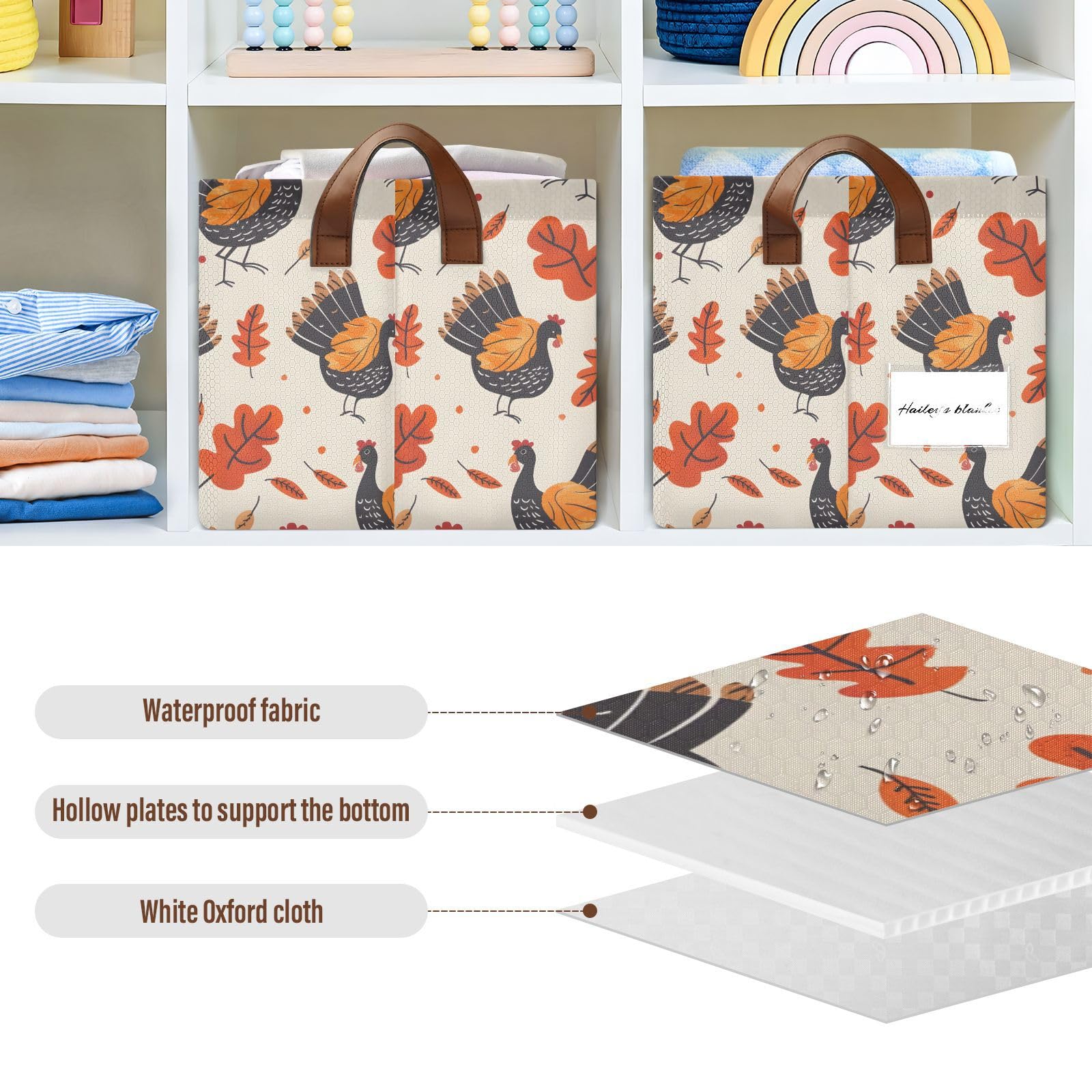 HOMONAW Rectangular Closet Storage Bin Thanksgiving Day Turkey Maple Leaf Storage Baskets with Handles Collapsible Closet Shelf Organizer for Clothes, Toys, Towel, Home, Bedroom, Office