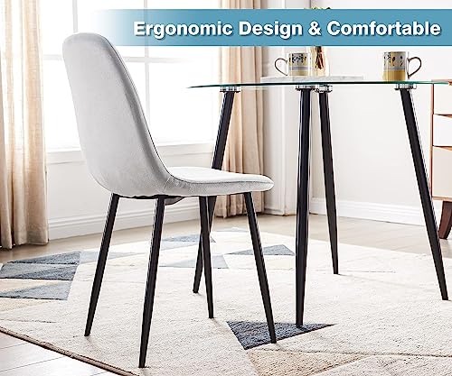 STYLIFING Dining Table Set for 4 Modern 5 Pieces Dining Room Set Mid Century Round Tempered Glass Kitchen Table and 4 Light Grey Modern Velvet Fabric Upholstered Kitchen Chair with Metal Legs