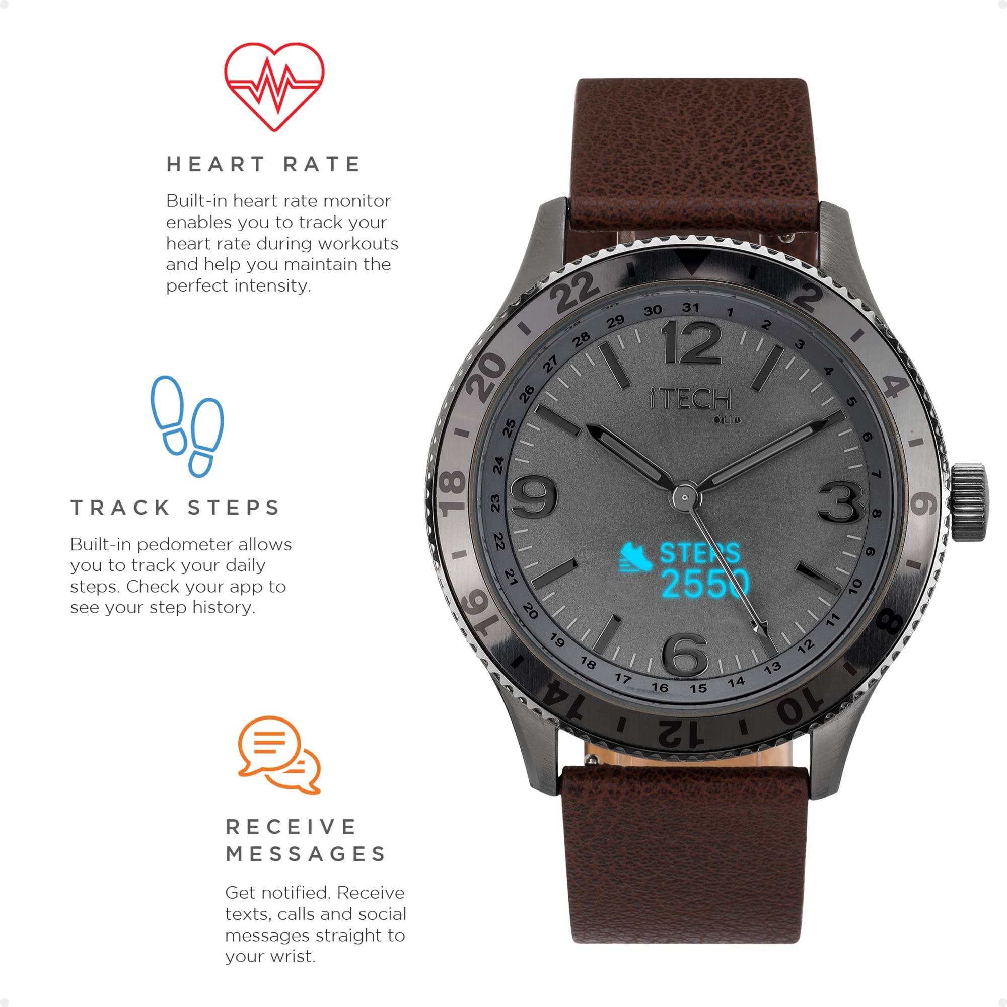 Itech Duo Smartwatch Fitness Tracker Step Counter Sleep Monitor Connected GPS Notifications for Women and Men up to 10 Day Battery Compatible w Android & iOS (Brown) (ITD3674GR01I-I16)