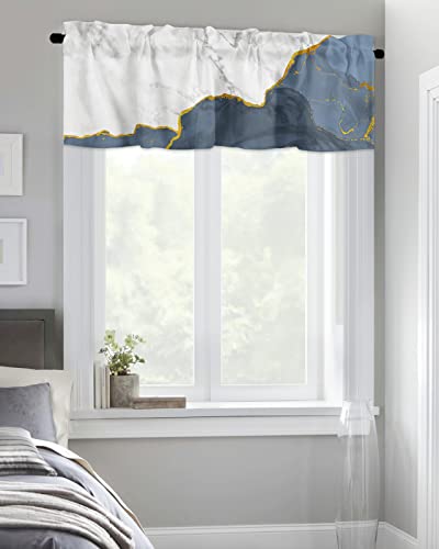 Window Curtain Valances for Kitchen Windows,Blue White Stone with Gold Stripe Rod Pocket Short Window Valance Modern Abstract Marble Agate Cafe Treatment Valance for Living Room/Bedroom,42x12in
