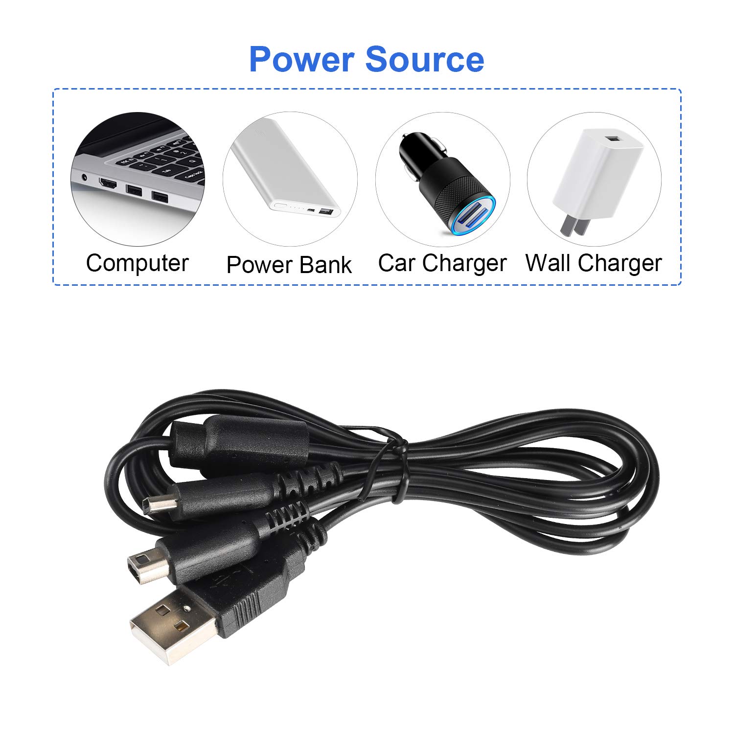 CSTESVN 2 in 1 USB Charger Cable for Nintendo DS Lite, New 3DS(XL/LL), New 3DS, 3DS(XL/LL), 3DS, New 2DS(XL/LL), 2DS, DSi(XL/LL), DSi(NOT Compatible with Nintendo DS)