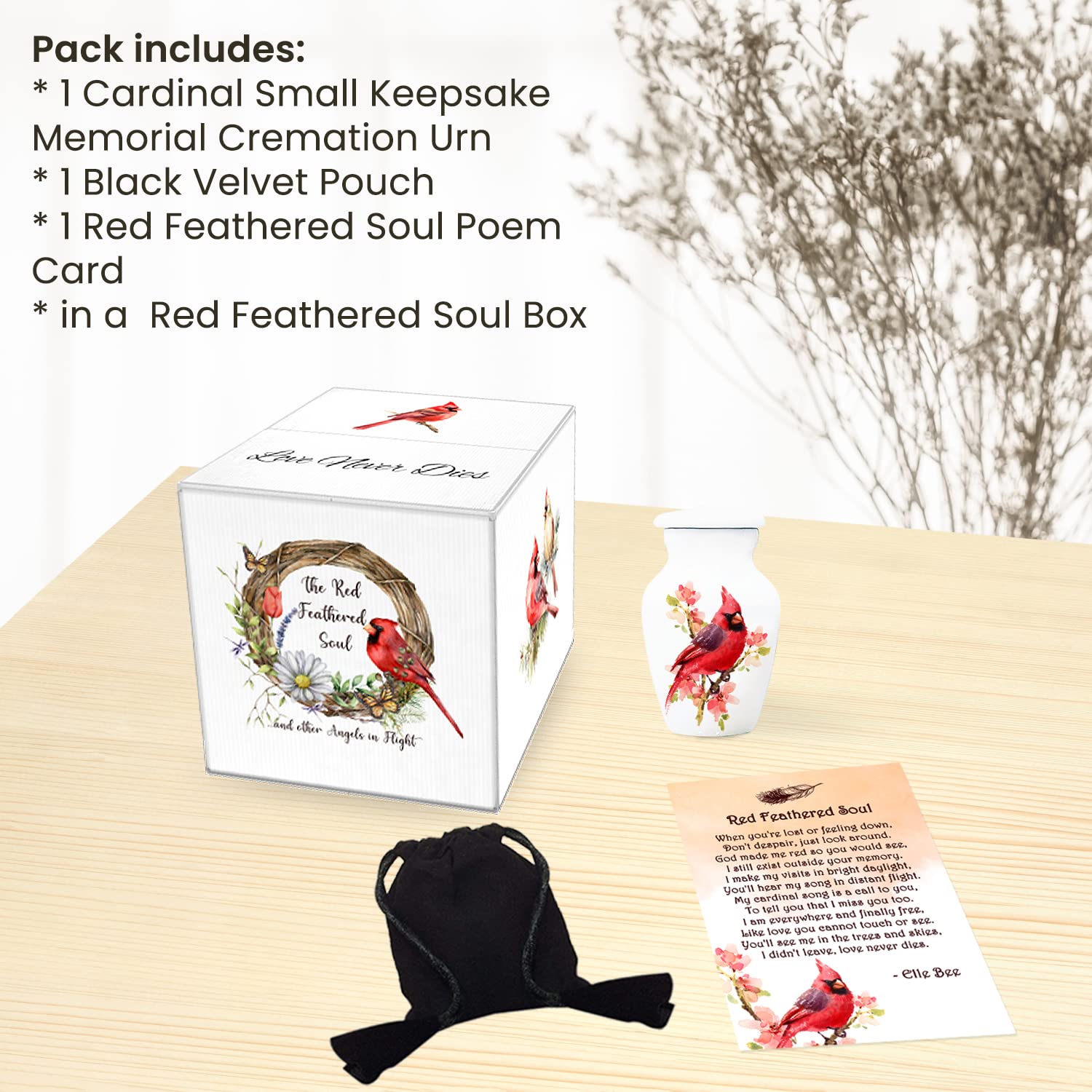 Lola Bella Gifts Cardinal Small Keepsake Memorial Cremation Urn and Red Feathered Soul Poem Card with Box Grief Sympathy Gift