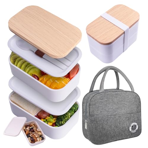 Healfyya Japanese Bento Box with Bag Leakproof Lunch Box with Utensils Stackable Food Containers Includes Sauce Container 54OZ White