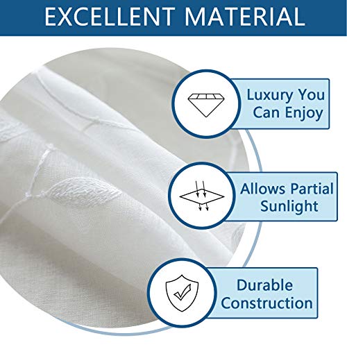 CUTEWIND White Sheer Tier Curtains 24 Inches Long for Kitchen/Bathroom Short Tier Curtains Leaves Embroidery Grommet Top Small Half Window Treatment (2 Panels, White, W30×L24 Inches)