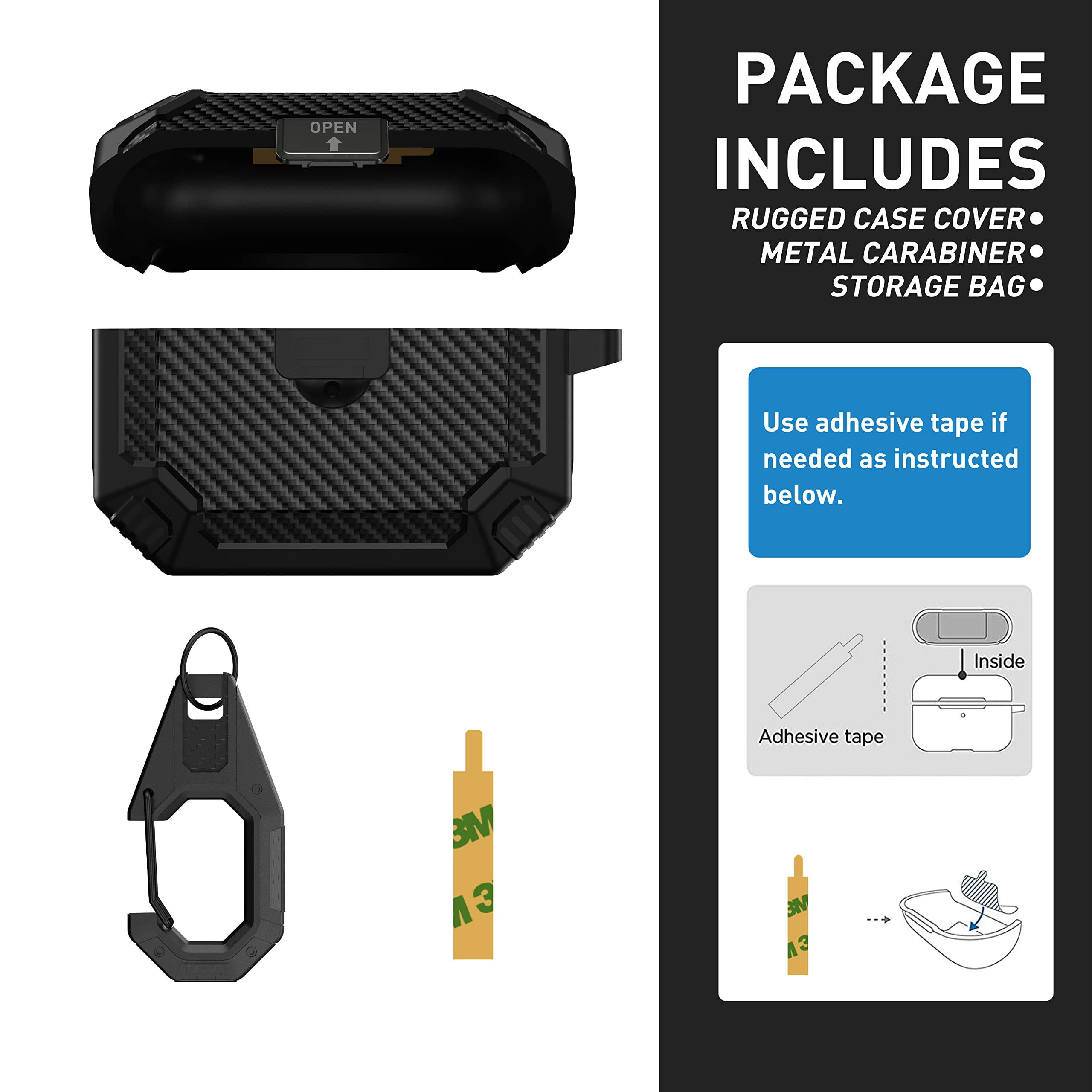 Winproo Armor Airpods Pro Case Cover with Lock Clip, Military Hard Shell Full-Body Shockproof Protective Case Skin with Keychain for Airpods Pro (Black)