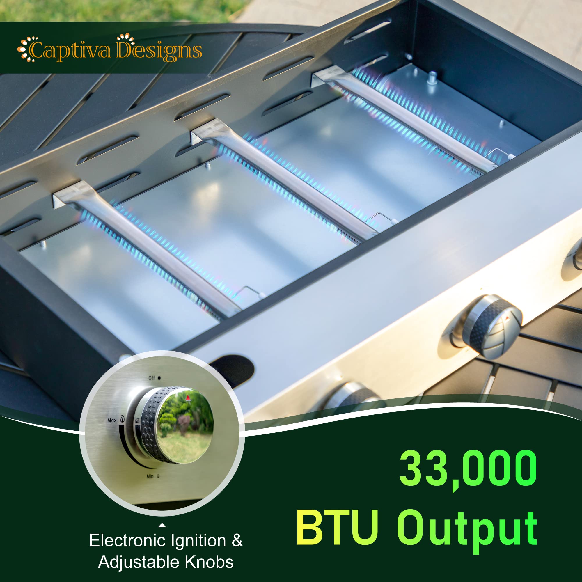 Captiva Designs Flat Top Gas Griddle Grill with Lid, 3-Burner Propane Flattop BBQ for Outdoor Cooking Kitchen, Can be Detached into Table Camping & Tailgating, 33,000 BTU Output