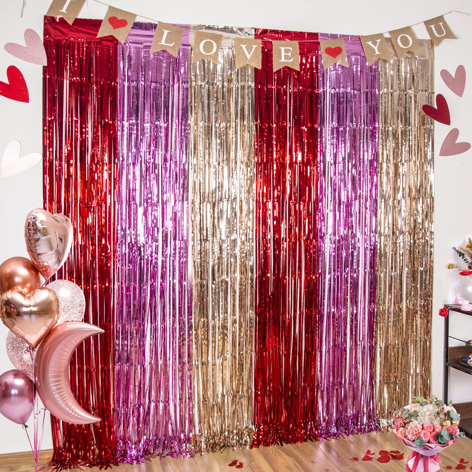 LOLStar 3 Pack Valentine's Day Photo Booth Props Valentines Day Party Decorations 3.3X6.6 ft Red Pink and Champagne Gold Foil Fringe Curtains Backdrop Streamers for Valentine's Day Decor
