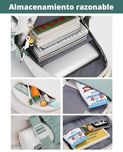 ooibnn Kawaii Backpack With Cute Accessories Spine Protection Anti-thief Cute Aesthetic Book Bag (Mint Green)