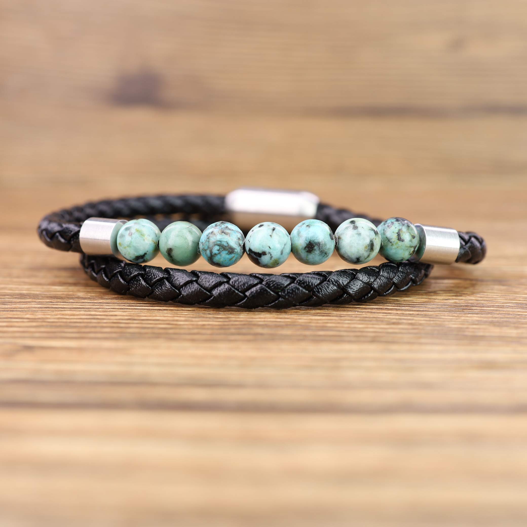 COAI African Turquoise Stone Beaded Leather Bracelet for Women Men