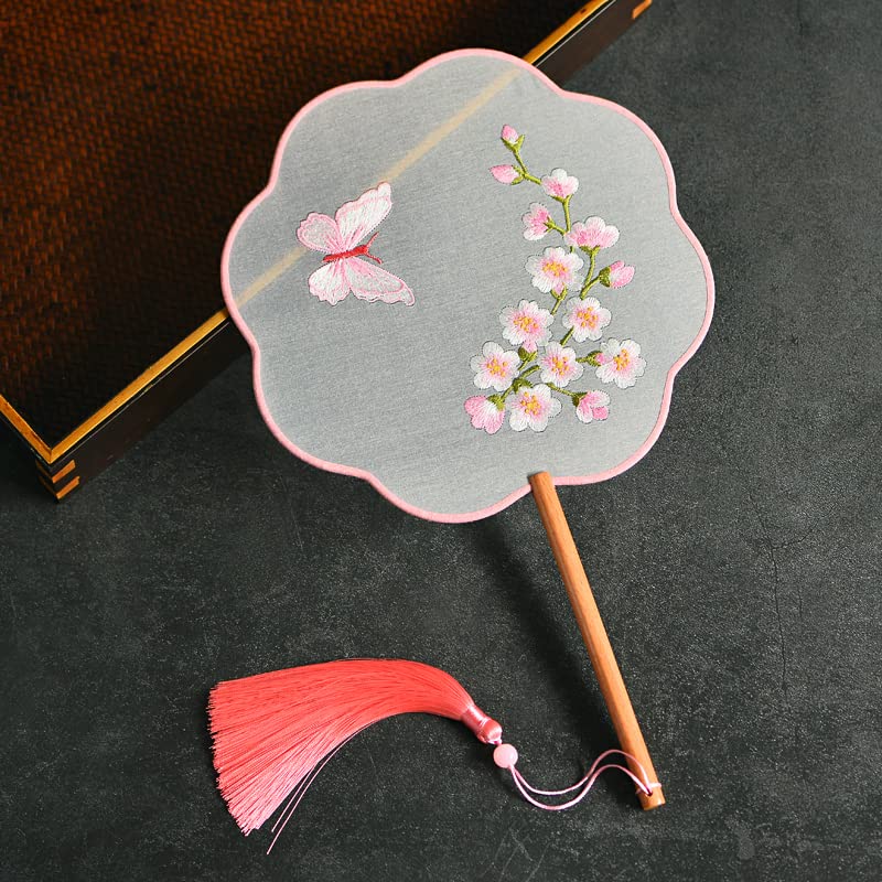DTBBKsy Chinese Style Classical Ancientry Long Handle Double Sided Embroidery Machine Embroidery Circular Fan Han Chinese Clothing Hand Fan Folding Fan (Color : A)