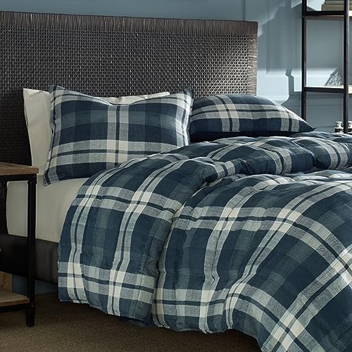 Nautica Home Ultra Soft & Cozy Microsuede Reversible Plaid Quilted Comforter Matching Shams, 3-Piece Bedding Set, Queen, Navy/Blue/White
