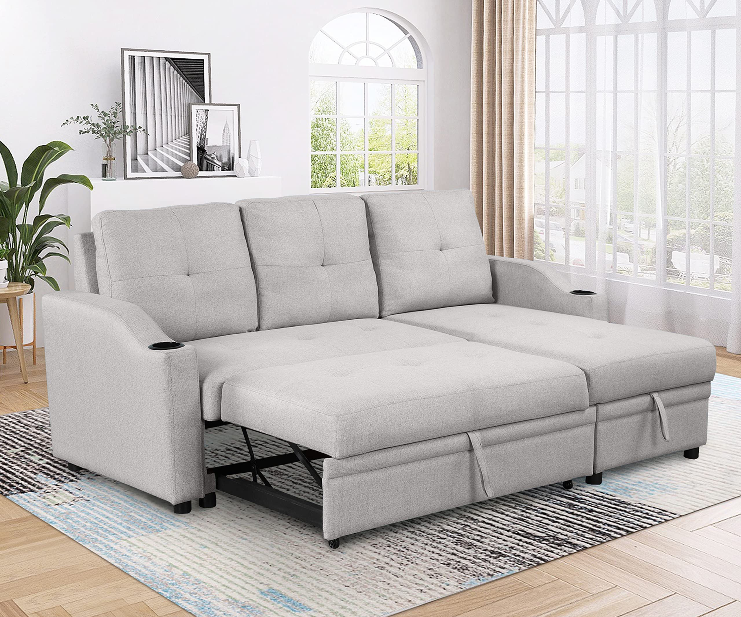 Merax 81inch Reversible Sleeper Sectional Sofa with Storage and 2 Cup Holder -Contemporary Corner Sectional with Pull-Out Sleeper and Chaise,3 Seat Sectional Sofa with Storage