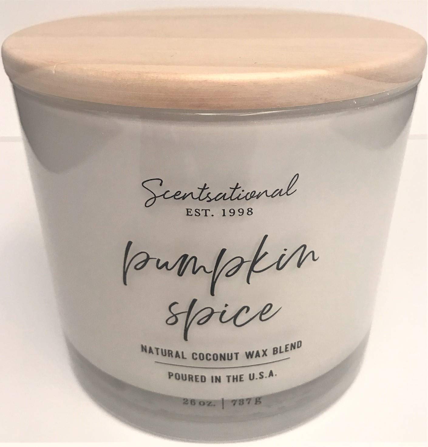 Natural Coconut Wax Blend Scented Candle Pumpkin Spice (in Cursive) XL White Jar with Wooden Lid, 26 Oz.