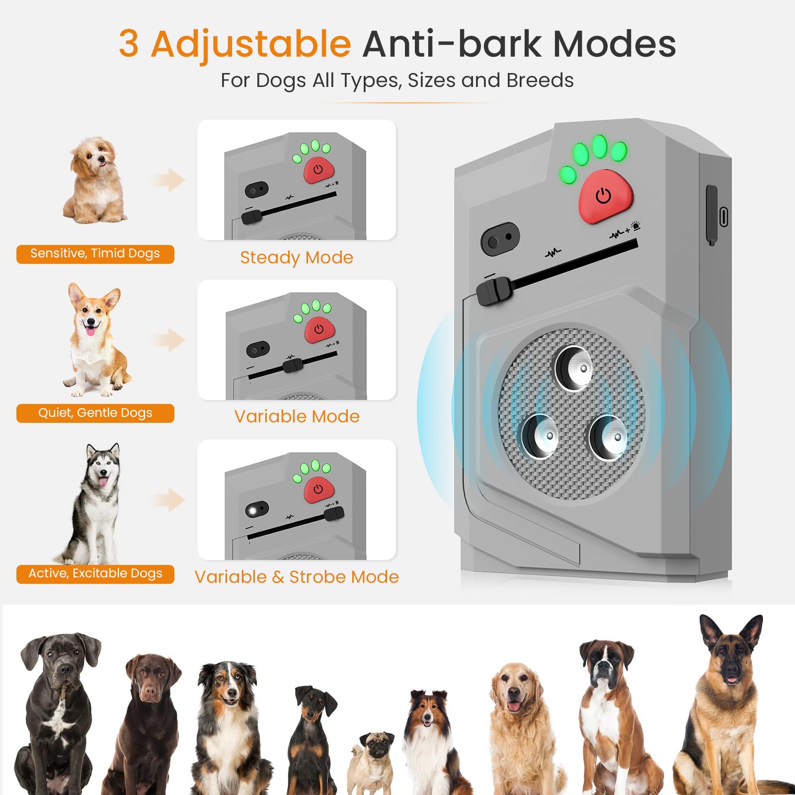 Honey Paws Anti Barking Device for Dogs, Dog Bark Deterrent Devices 50ft Range, Behavior Aid, Stop Barking Dog Devices with 3 Modes, Barking Silencer Indoor & Outdoor, Rechargeable