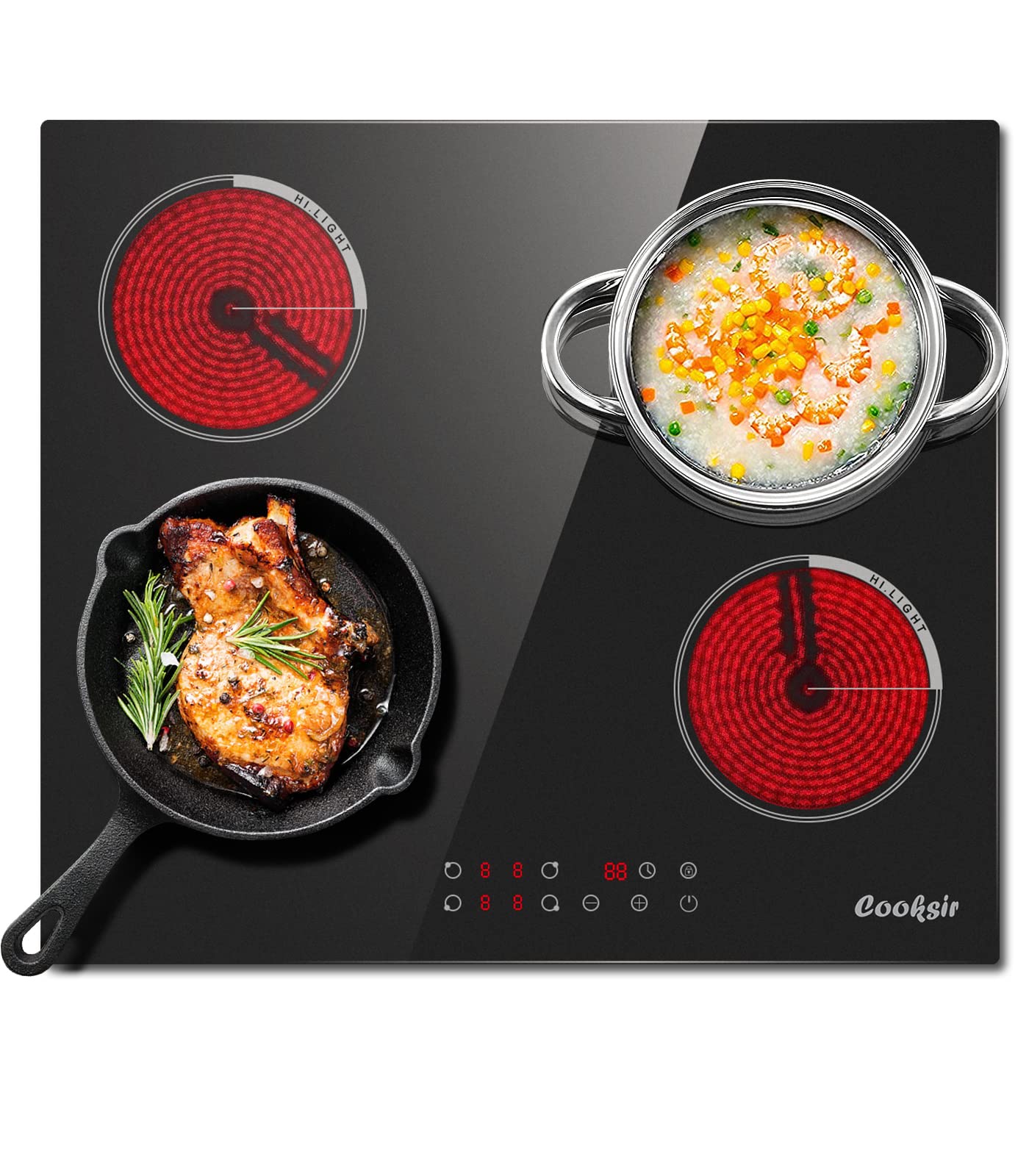 Cooksir Electric Cooktop 24 Inch, 4 Burner Electric Stove Top Drop-in 220V-240V, 24 Inch large Ceramic Stovetop with Ceramic Glass, Timer, Kids Safety Lock, 9 Heating Level, 220V Hard Wired (No Plug)