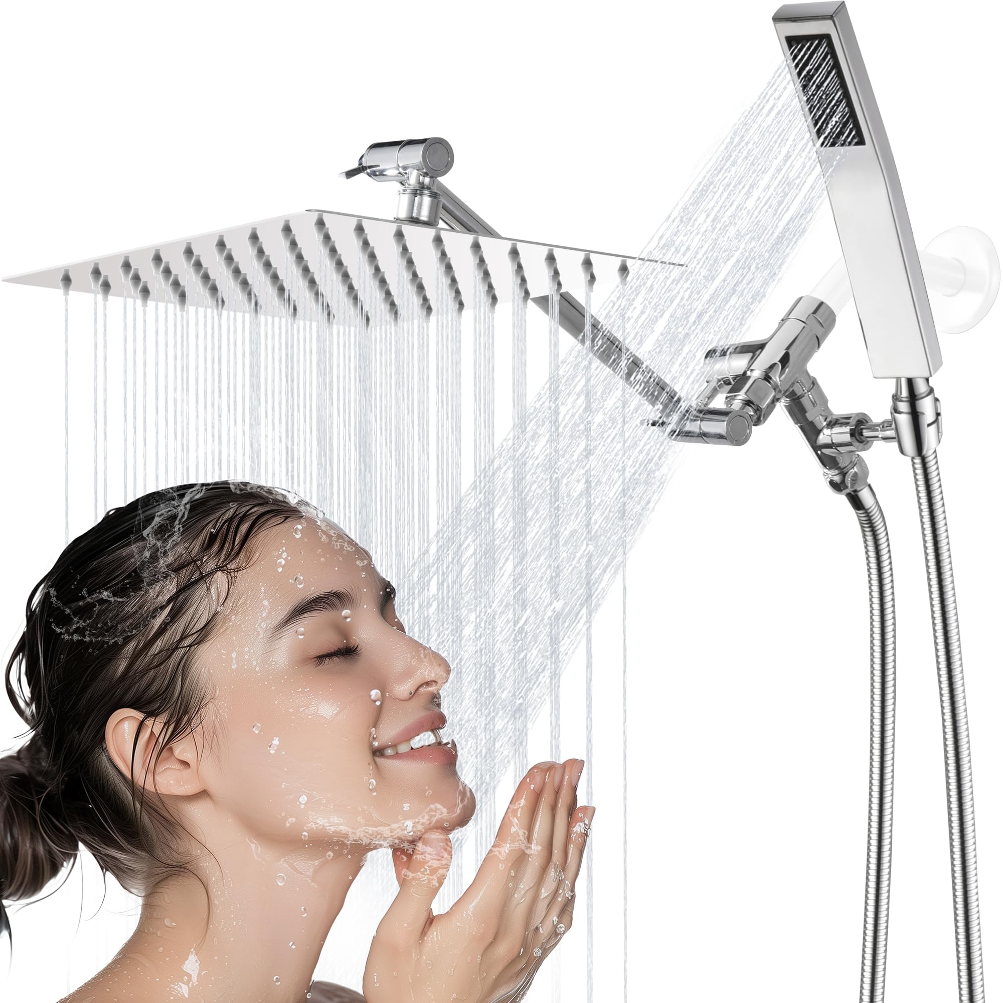 Cuzobro All Metal Dual Square Shower Head With Handheld Spray, 8'' Shower Head Combo Set With 3-Way Diverter, High Pressure Rainfall Shower Head With Extension Arm, 71’’ Extra Long Hose(Chrome)