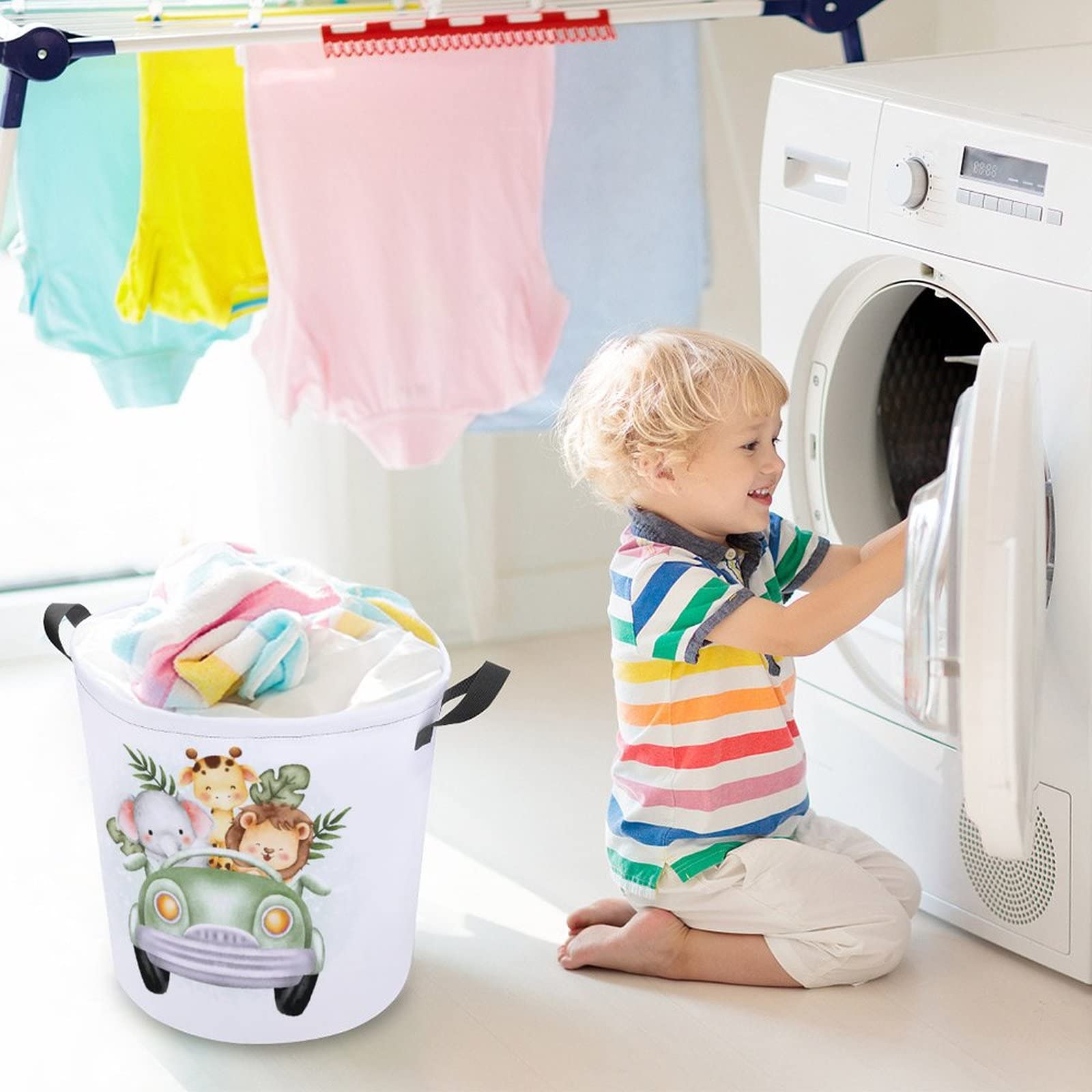 FISNAE Cute Safari Animals in Car Laundry Baskets Lion Elephant Giraffe Small Laundry Hamper-Collapsible Storage Bin with Handles Round Toy Organizer Bin for Room,Office,Nursery Hamper, Home Decor