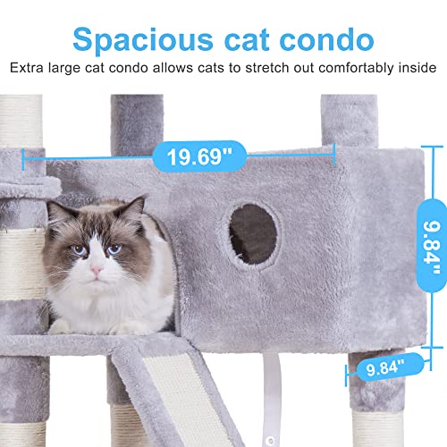 Hey-brother Cat Tree, 61 inch Cat Tower for Indoor Cats, Cat House with Padded Platform Bed, Toy Balls, Large Cozy Condo, Hammocks and Sisal Scratching Posts, Light Gray MPJ019W